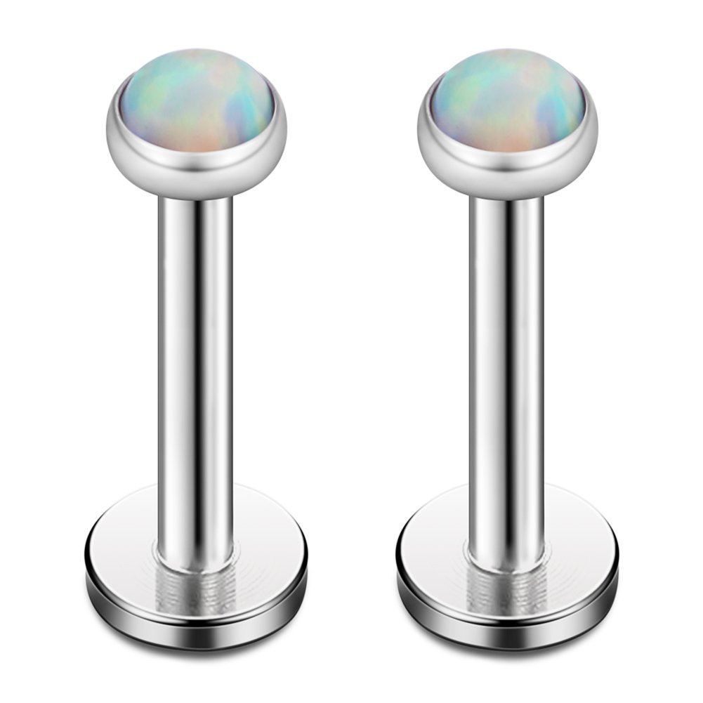 Ruifan White Opal Internally Threaded Stainless Steel Labret Monroe Lip Ring Tragus Helix Earring 16G 5/16" 8mm 2pcs