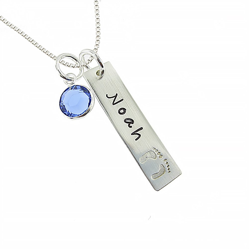 My Tiny Prints Personalized Sterling Silver Name Necklace. Customize with Child's Name, Engraved with Solid Baby Feet. Add Your Choice of Birthstone and Sterling Silver Chain. Gifts for Her, New Mom