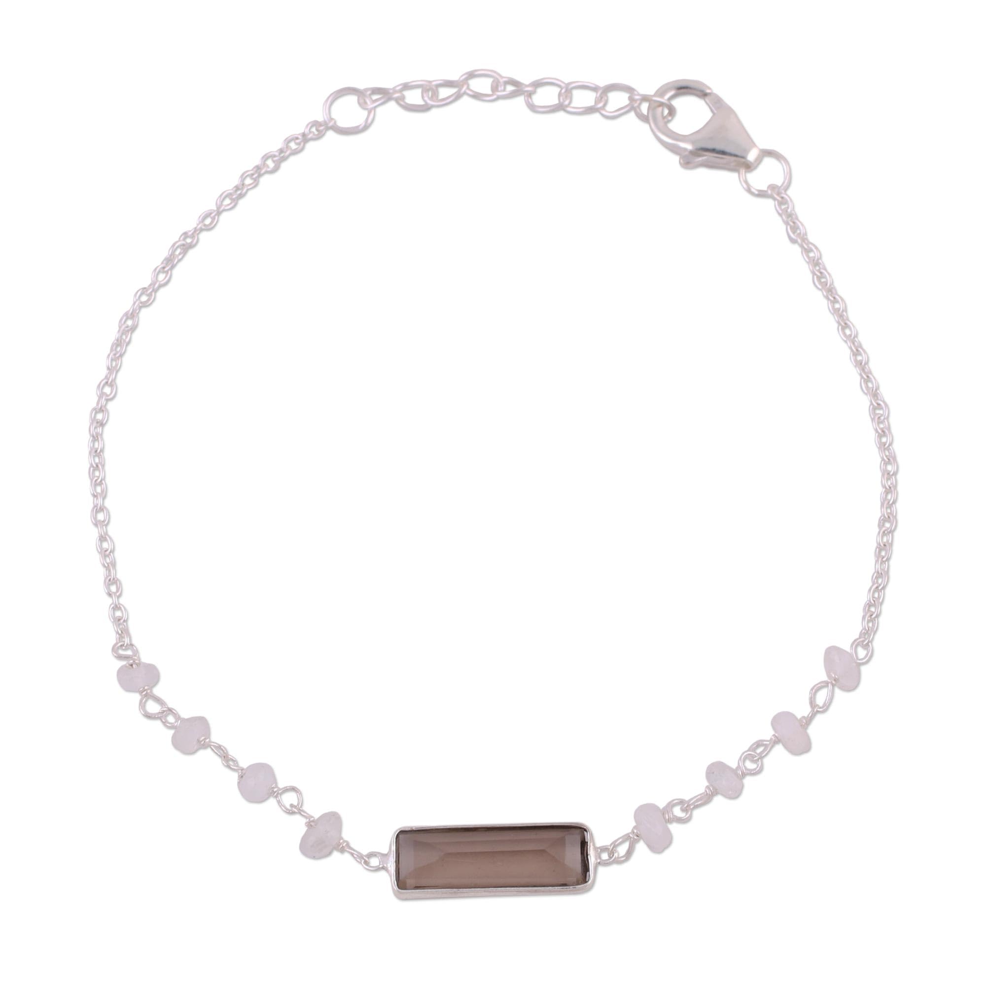 NOVICA Handmade Smoky Quartz Rainbow Moonstone Pendant Bracelet from India .925 Sterling Silver Brown Clear 'Magical Prism'