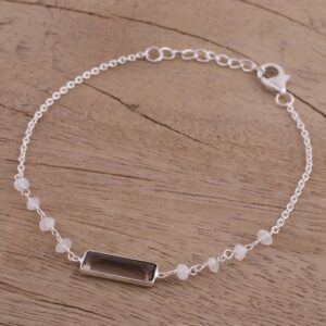 NOVICA Handmade Smoky Quartz Rainbow Moonstone Pendant Bracelet from India .925 Sterling Silver Brown Clear 'Magical Prism'