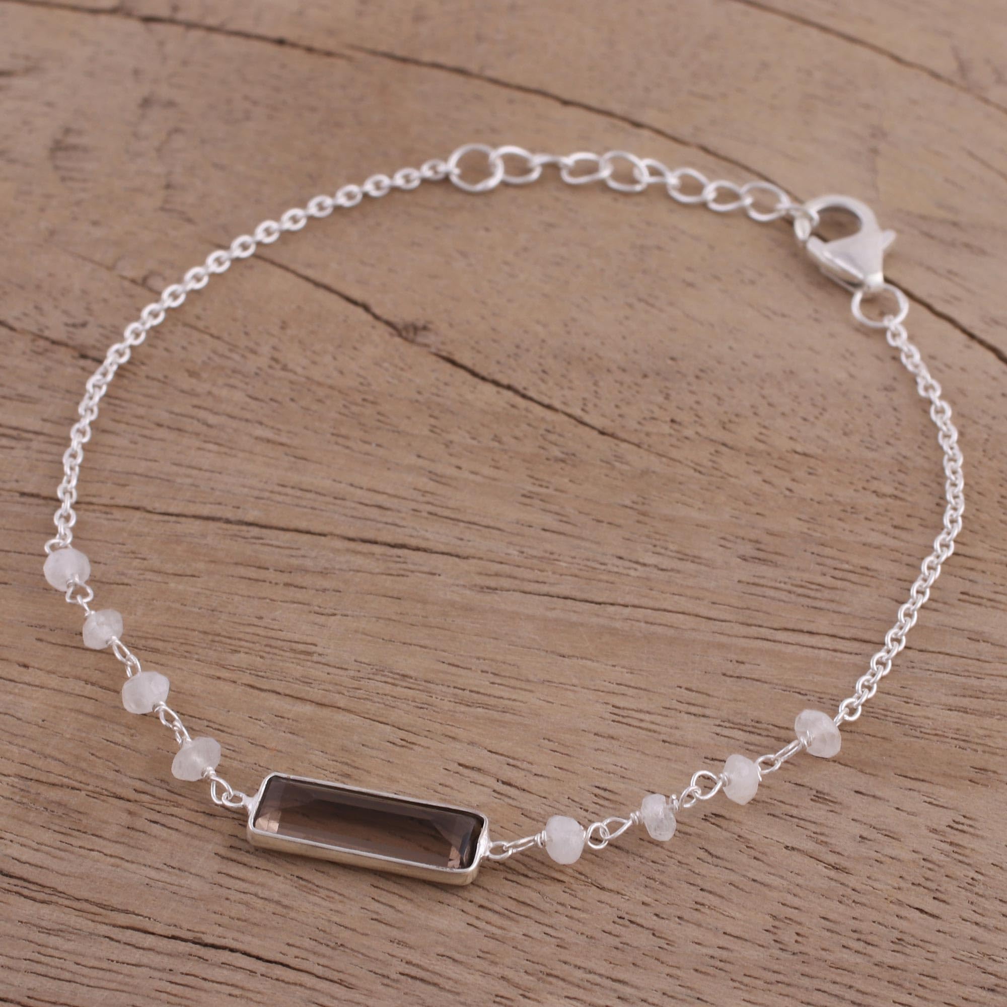 NOVICA Handmade Smoky Quartz Rainbow Moonstone Pendant Bracelet from India .925 Sterling Silver Brown Clear 'Magical Prism'