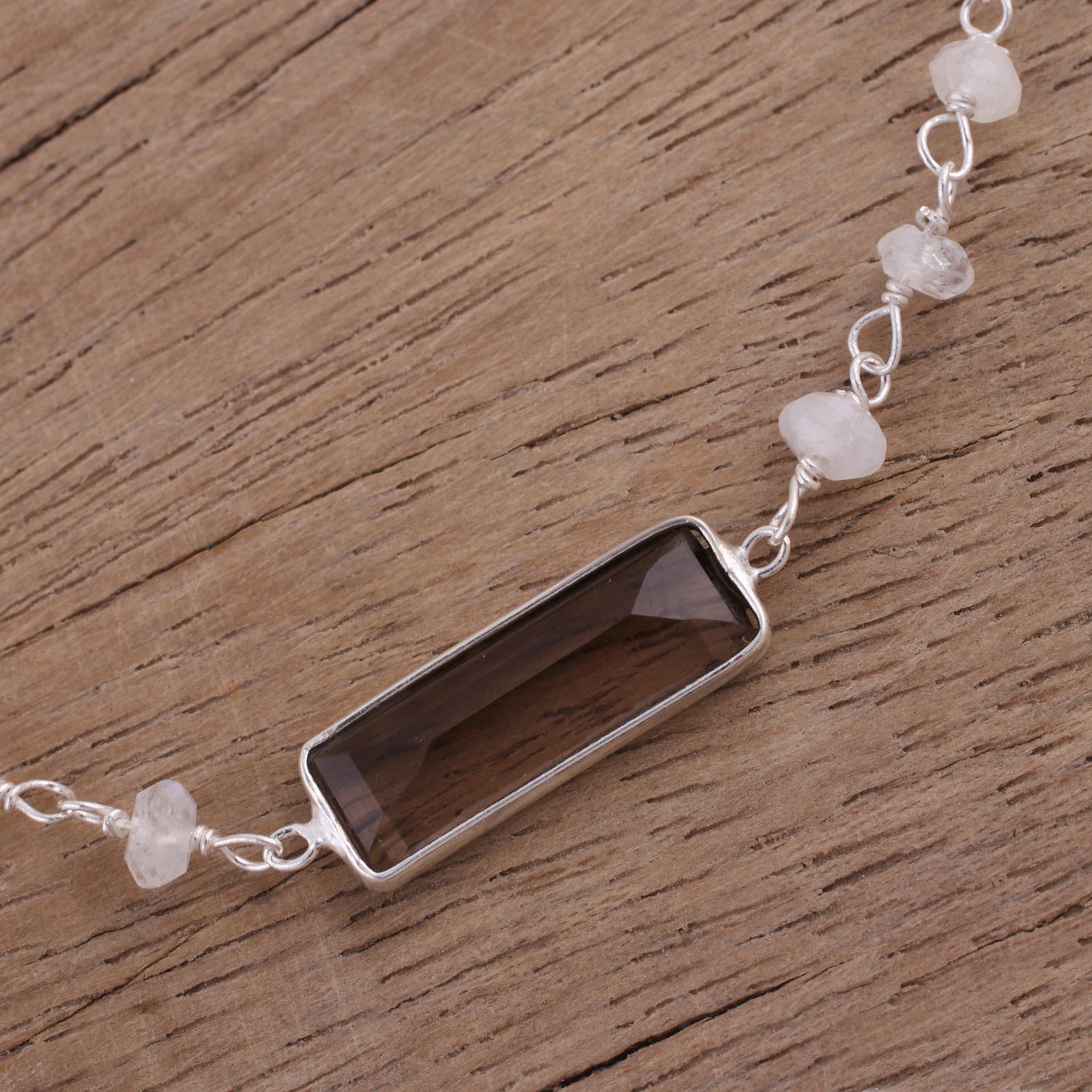 NOVICA Handmade Smoky Quartz Rainbow Moonstone Pendant Bracelet from India .925 Sterling Silver Brown Clear 'Magical Prism'