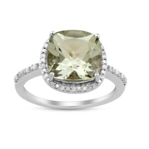 jewelili cocktail ring with cushion-cut green amethyst with white diamond halo in sterling silver, size 7