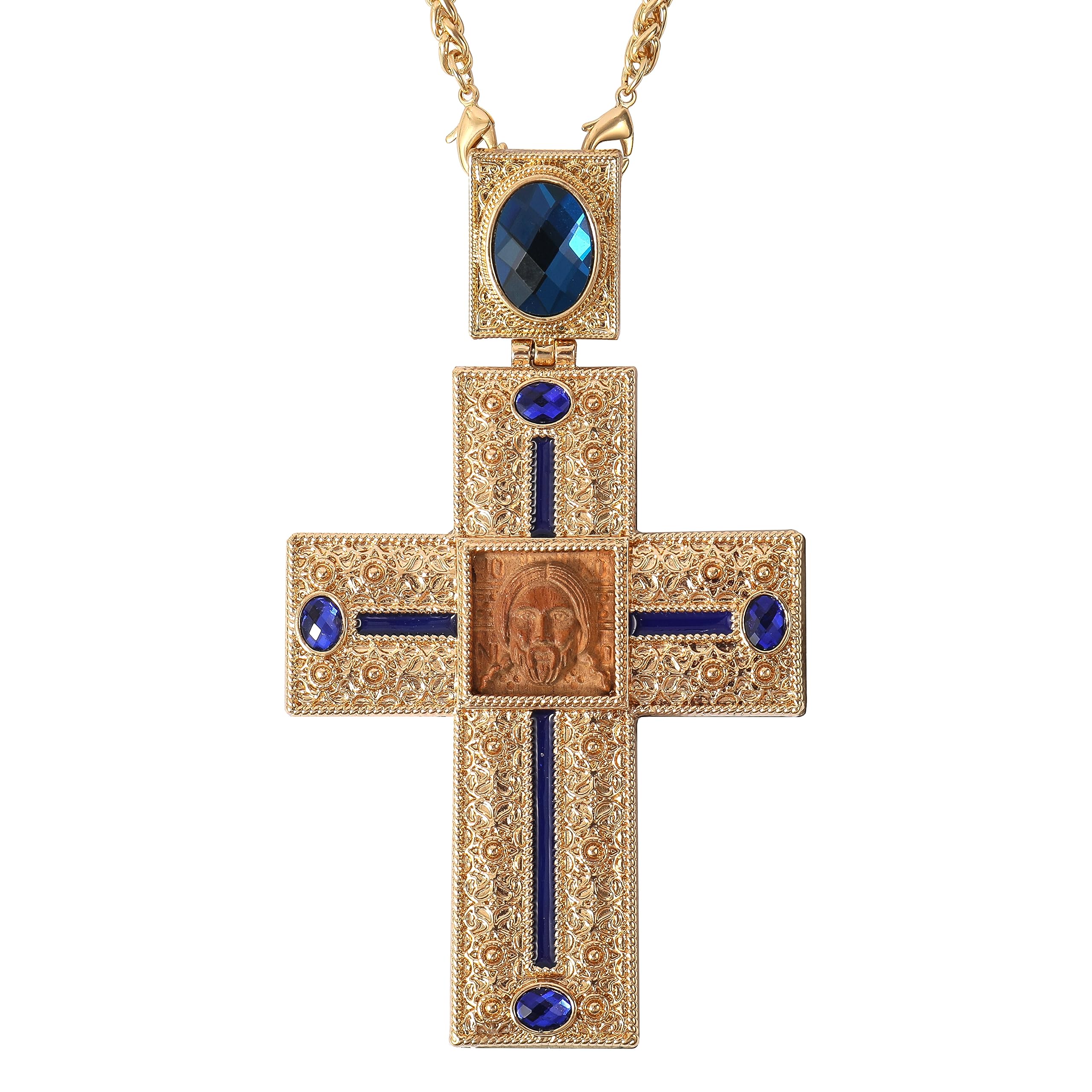 Nazareth Store Pectoral Cross Wooden Jesus Face Crucifix Pendant Icon Blue Crystallized Stones Elements Christian Priest Bishop Necklace 23"