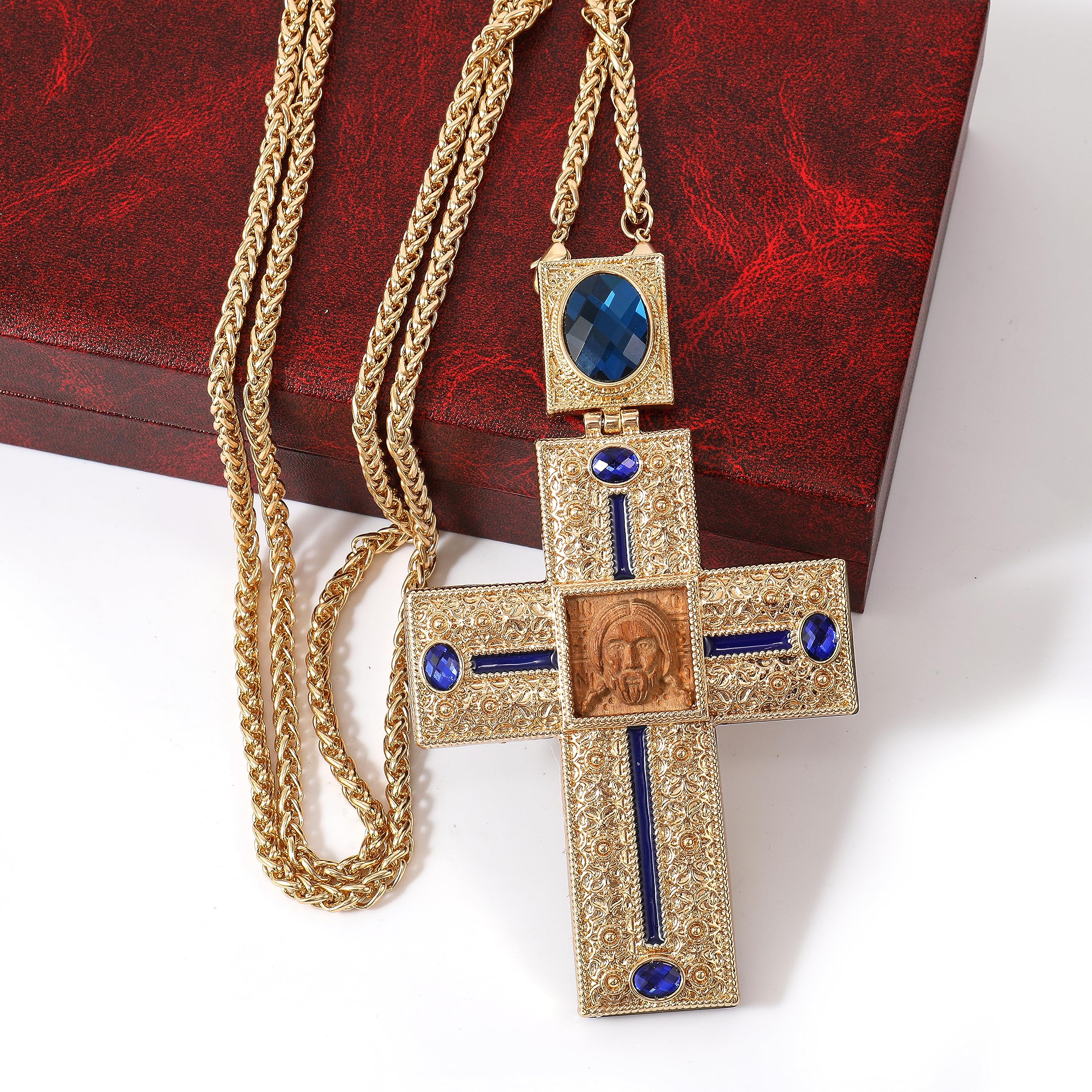 Nazareth Store Pectoral Cross Wooden Jesus Face Crucifix Pendant Icon Blue Crystallized Stones Elements Christian Priest Bishop Necklace 23"