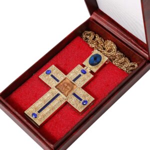 Nazareth Store Pectoral Cross Wooden Jesus Face Crucifix Pendant Icon Blue Crystallized Stones Elements Christian Priest Bishop Necklace 23"