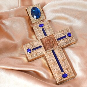 Nazareth Store Pectoral Cross Wooden Jesus Face Crucifix Pendant Icon Blue Crystallized Stones Elements Christian Priest Bishop Necklace 23"