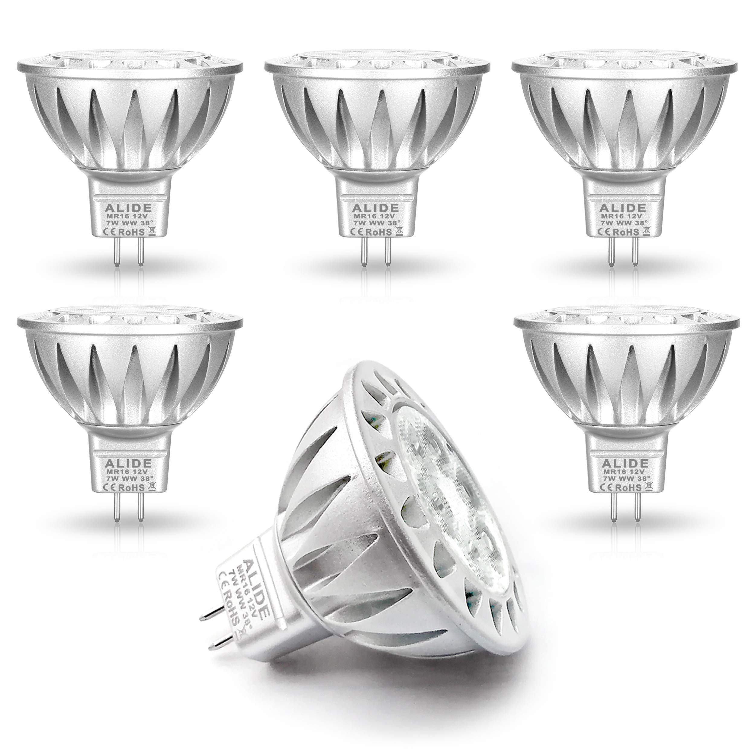 ALIDE MR16 7W GU5.3 Led Bulbs Replace 50W-75W Halogen Equivalent,2700K Warm White,12V Low Voltage MR16 Bulb Spotlight for Outdoor Landscape Flood Track Recessed Lighting,560lm,38 Deg,6 Pack