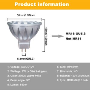 ALIDE MR16 7W GU5.3 Led Bulbs Replace 50W-75W Halogen Equivalent,2700K Warm White,12V Low Voltage MR16 Bulb Spotlight for Outdoor Landscape Flood Track Recessed Lighting,560lm,38 Deg,6 Pack