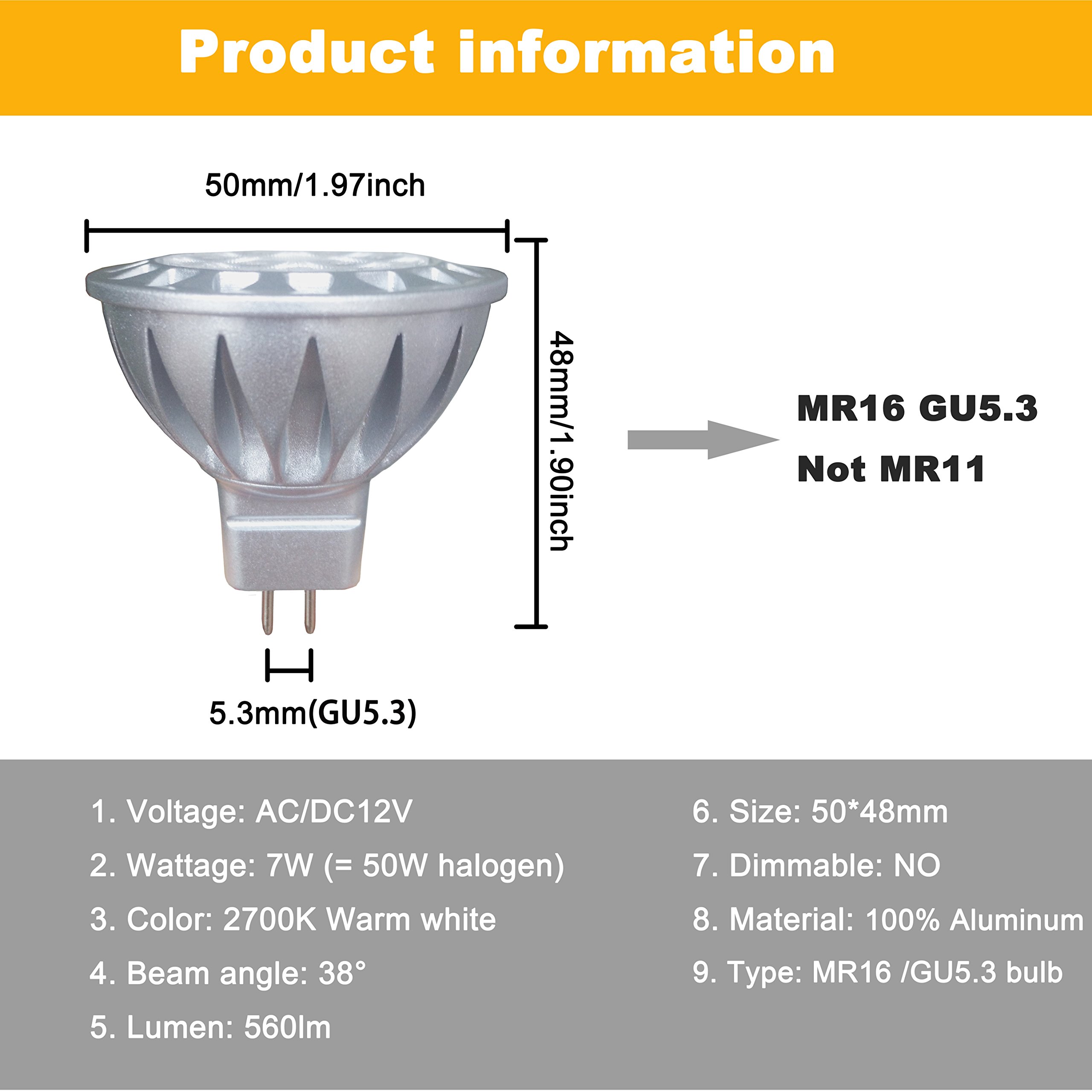 ALIDE MR16 7W GU5.3 Led Bulbs Replace 50W-75W Halogen Equivalent,2700K Warm White,12V Low Voltage MR16 Bulb Spotlight for Outdoor Landscape Flood Track Recessed Lighting,560lm,38 Deg,6 Pack