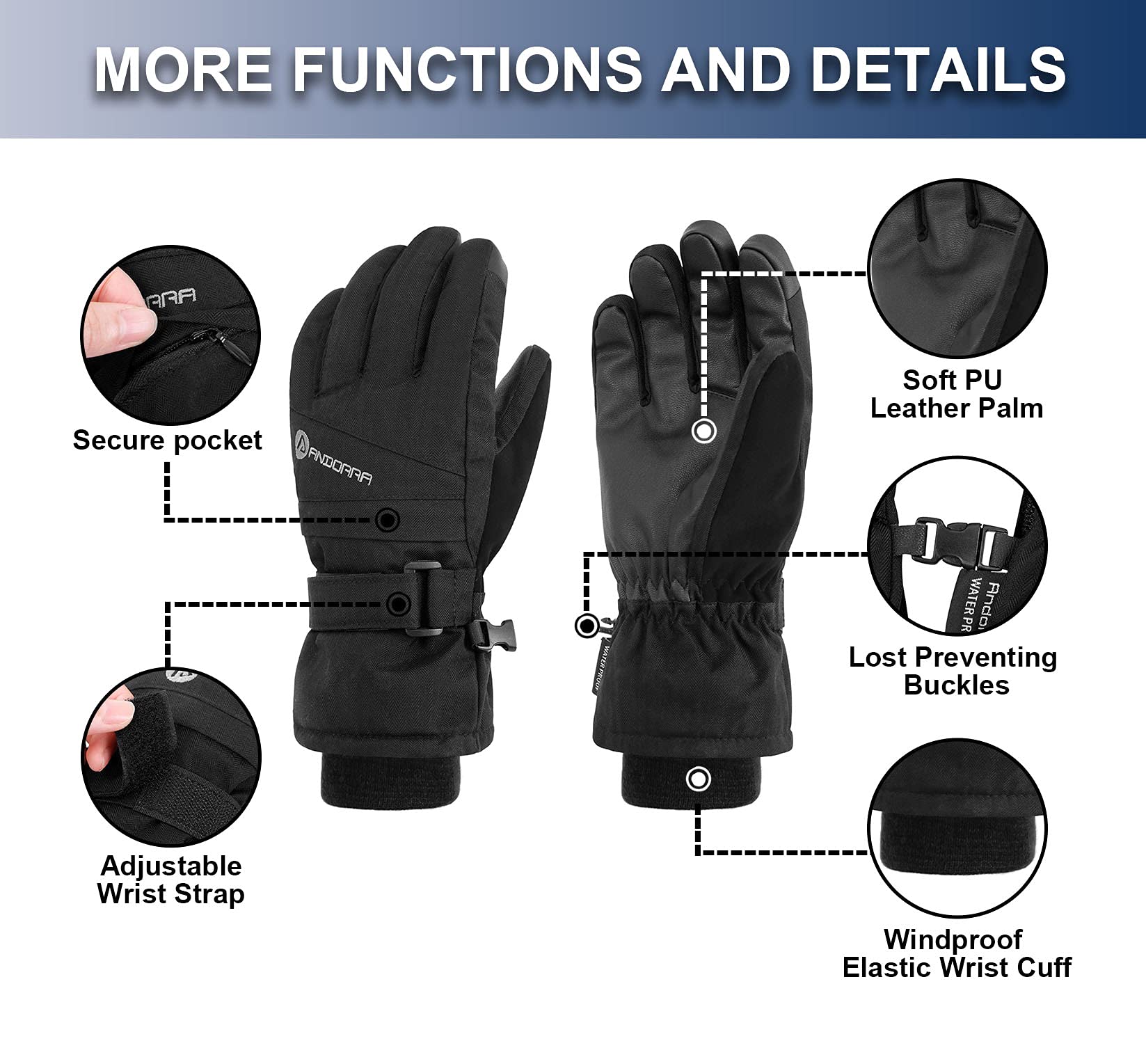 ANDORRA Ski Gloves Women Touchscreen Zipper Pocket Snow Gloves Snowboarding Gloves, Black, S