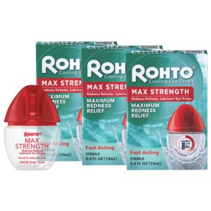 rohto max strength redness reliever, lubricant eye drops, fast, cooling relief for red, dry, itchy eyes,redness and dry eye symptom relief, refreshing eye drops, 0.4 fl oz (3 pack)