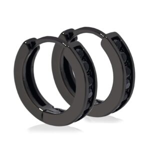 Tarsus 12mm Unisex Black Round CZ Hoop Earrings Huggie Ear Piercings