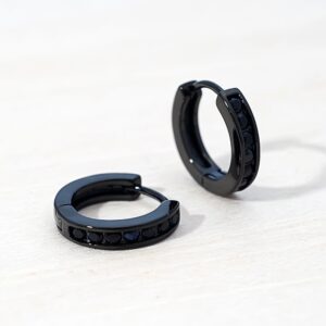 Tarsus 12mm Unisex Black Round CZ Hoop Earrings Huggie Ear Piercings