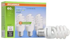 sylvania cfl t2 twist light bulb, 60w equivalent, efficient 13w, 800 lumens, 6500k, daylight - 3 pack (26378)