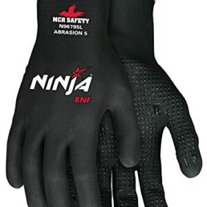 MCR Safety N96795L Ninja BNF Nitrile Gloves, ANSI Puncture 2, Abrasion 5, 15 Gauge Nylon/Spandex Shell with Full BNF Coating and Nitrile Grip Dots, 1-Pair, Large