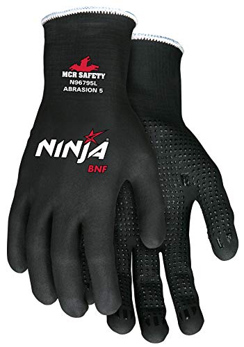 MCR Safety N96795L Ninja BNF Nitrile Gloves, ANSI Puncture 2, Abrasion 5, 15 Gauge Nylon/Spandex Shell with Full BNF Coating and Nitrile Grip Dots, 1-Pair, Large