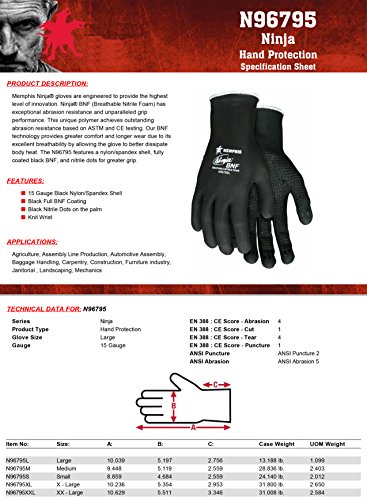 MCR Safety N96795L Ninja BNF Nitrile Gloves, ANSI Puncture 2, Abrasion 5, 15 Gauge Nylon/Spandex Shell with Full BNF Coating and Nitrile Grip Dots, 1-Pair, Large