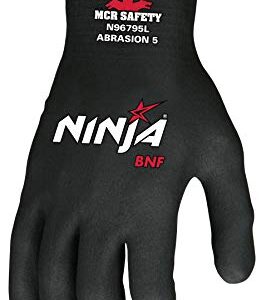 MCR Safety N96795L Ninja BNF Nitrile Gloves, ANSI Puncture 2, Abrasion 5, 15 Gauge Nylon/Spandex Shell with Full BNF Coating and Nitrile Grip Dots, 1-Pair, Large