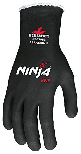 MCR Safety N96795L Ninja BNF Nitrile Gloves, ANSI Puncture 2, Abrasion 5, 15 Gauge Nylon/Spandex Shell with Full BNF Coating and Nitrile Grip Dots, 1-Pair, Large