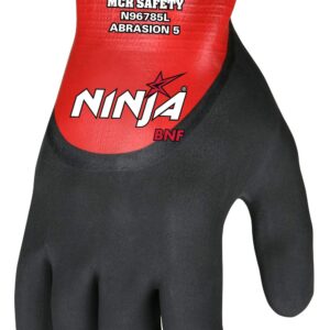 MCR Safety Ninja BNF N96785S Nitrile Work Gloves, 18 Gauge Nylon/Spandex Shell Fully Coated with Flat Red Nitrile, Coated Over the Knuckles and Palm with Breathable Nitrile Foam with NFT, Small