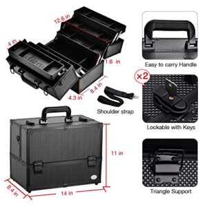 Joligrace Makeup Train Case Professional Adjustable - 6 Trays Cosmetic Cases Makeup Storage Organizer Box with Lock and Compartments 14 Inch Large Black