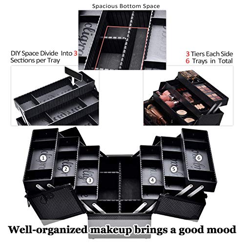 Joligrace Makeup Train Case Professional Adjustable - 6 Trays Cosmetic Cases Makeup Storage Organizer Box with Lock and Compartments 14 Inch Large Black