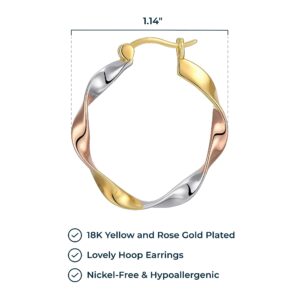 MORGAN & PAIGE Three-Tone Twisted Hoop Earrings for Women - 18K Yellow and Rose Gold Plated 925 Sterling Silver, Lightweight Small Oval Hoops with Secure Latch Back Clasp