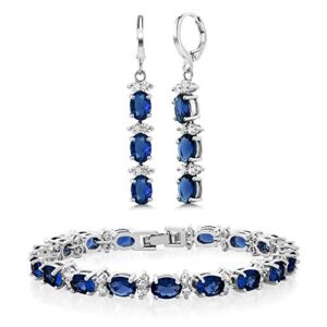 gem stone king 7 inch blue and white cz tennis bracelet set with matching 2 inch oval dangle earrings for women