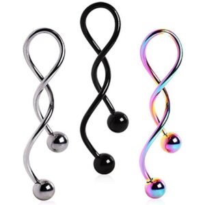 Kiokioa Spiral Twist Navel Ring 316L Surgical Steel Body Piercing Rings14g (3PCS a Set)