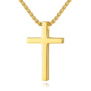 reve simple stainless steel cross pendant chain necklace for men women, 20-22 inches link chain (gold:1.2 * 0.7’’ pendant+20’’ rolo chain)