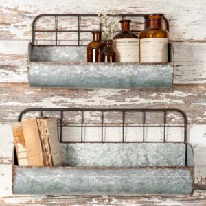 colonial tin works set of two-decorative wire back wall shelves-industrial, rustic grey/rust