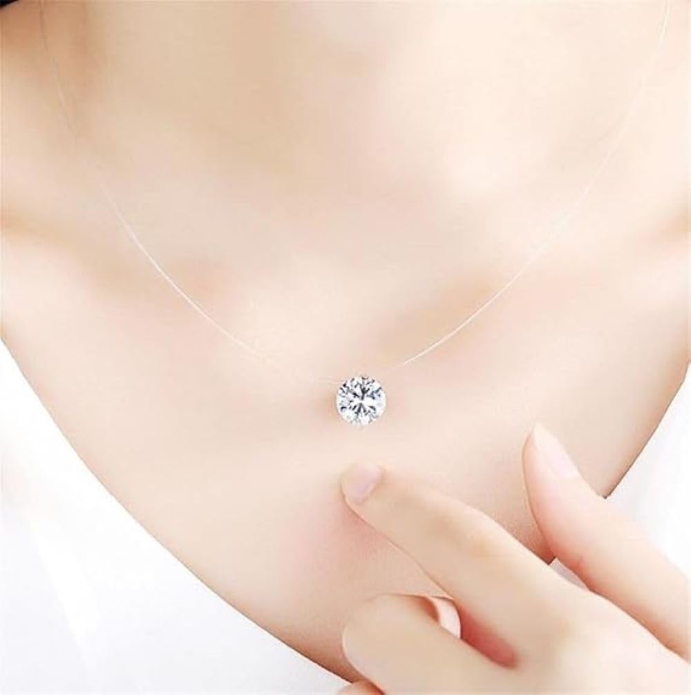 S925 Round fish line two claws Cut Clear Cubic Zirconia Pendant Necklace (silver)