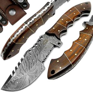 best.buy.damascus1 rose wood 9.5'' fixed blade custom handmade damascus steel tracker hunting knife brass pins spacers unique beautiful file work on handel come with leather sheath prime quality