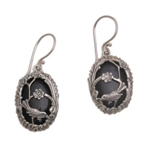 novica artisan handmade onyx dangle earrings 925 silver birdthemed from bali sterling indonesia nature floral birthstone [1.5 in h x 0.7 in w x 0.2 in d] ' avian curiosity'