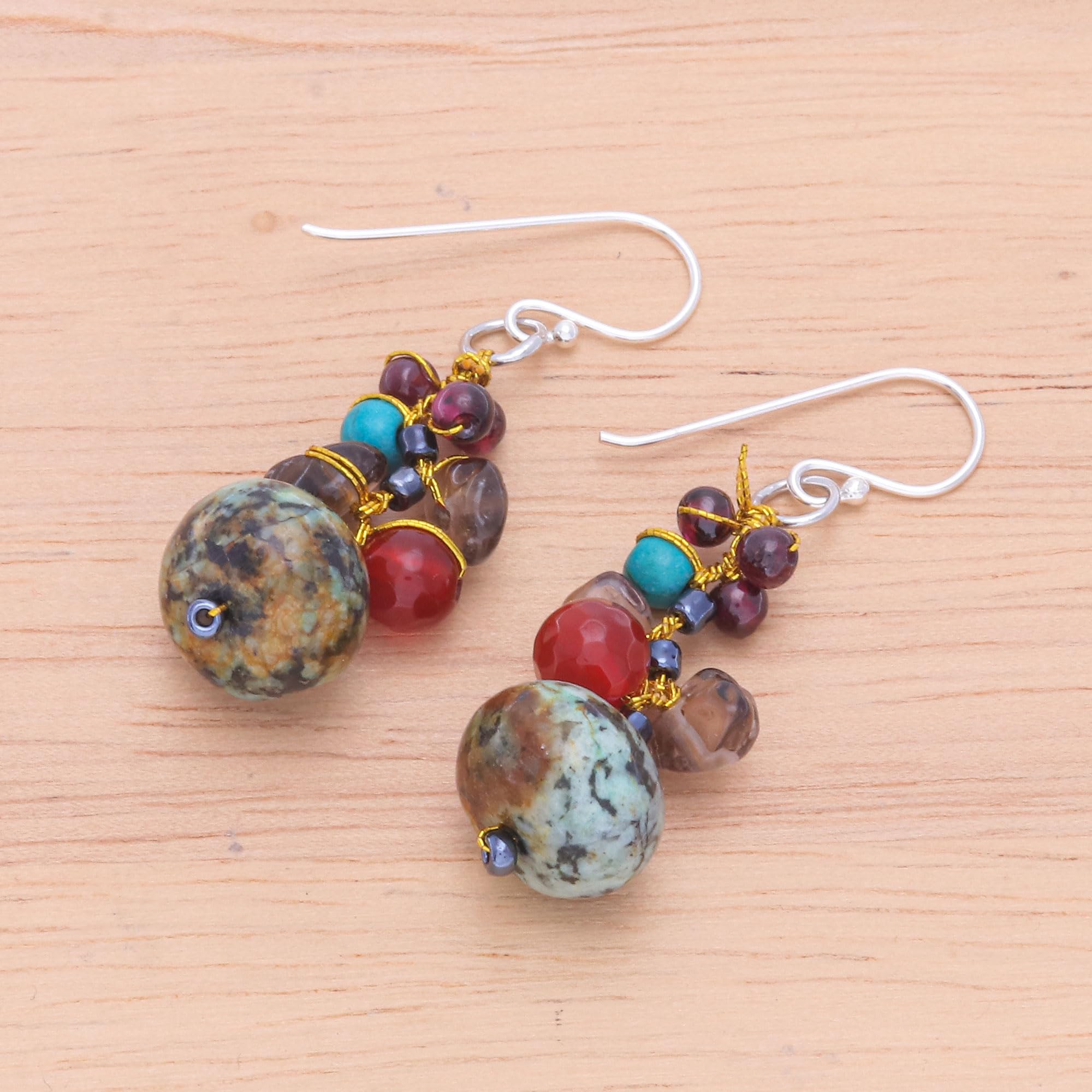 NOVICA Artisan Handmade Multigemstone Dangle Earrings Jasper from Thailand Sterling Silver Glass Bead Carnelian Calcite Garnet Multicolor Brown Beaded Cluster Birthstone Bohemian [1.7 in L x 0.5 in W]