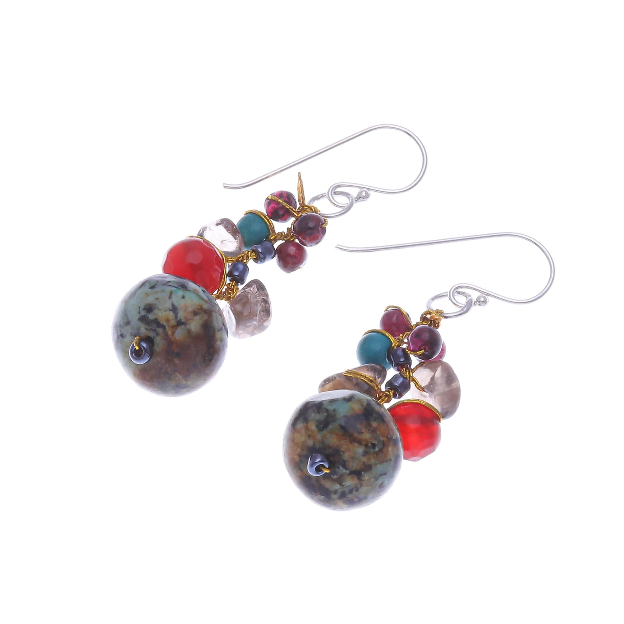 NOVICA Artisan Handmade Multigemstone Dangle Earrings Jasper from Thailand Sterling Silver Glass Bead Carnelian Calcite Garnet Multicolor Brown Beaded Cluster Birthstone Bohemian [1.7 in L x 0.5 in W]