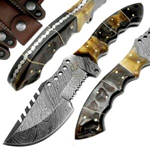 handmade damascus steel tracker knife - 9.5" inch knifes real ram horn handel knives - bushcraft- edc survival knife for men-tactical tracker knife- fixed blade knife- premium quality knife- mens gift