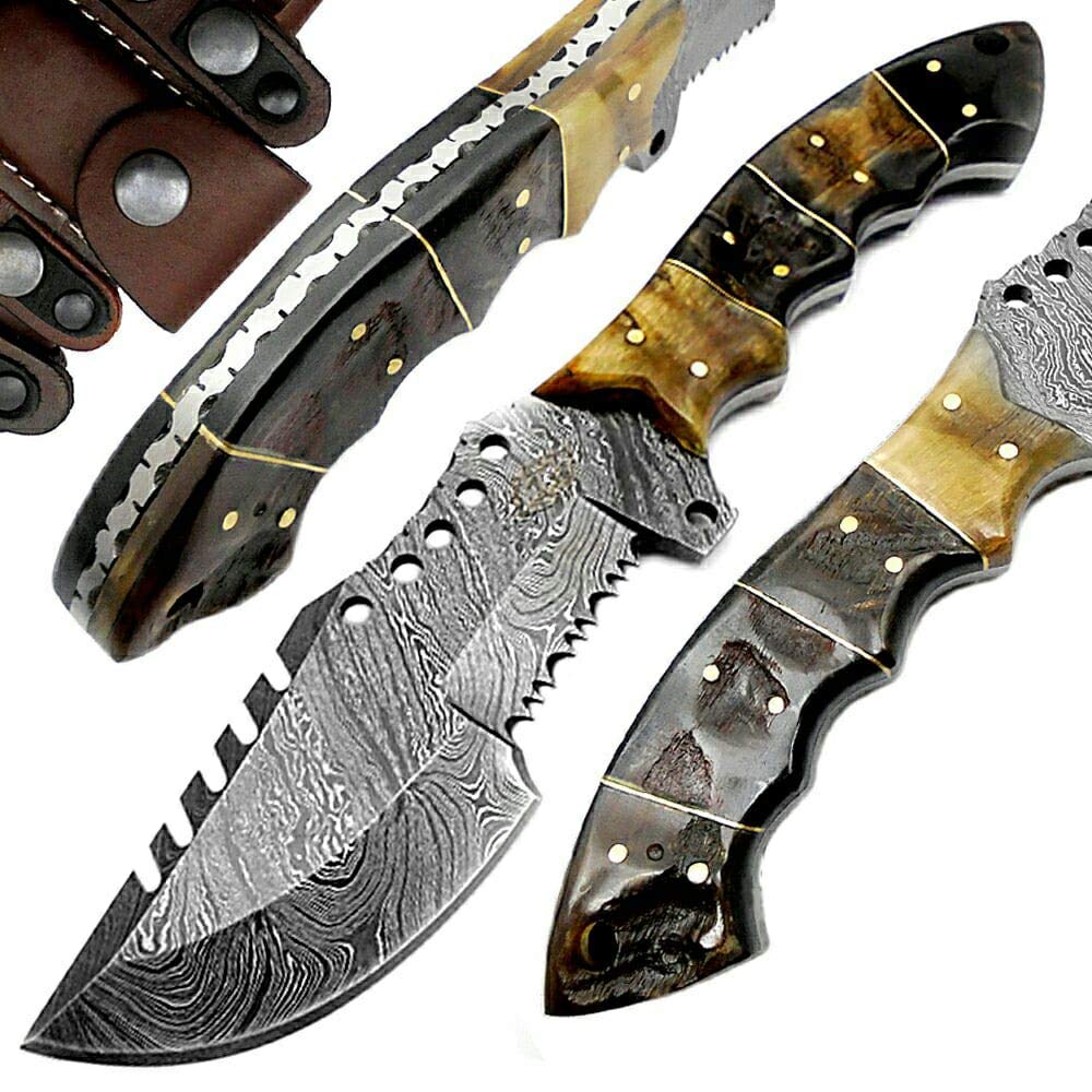 Handmade Damascus Steel Tracker Knife - 9.5" Inch Knifes real Ram horn Handel Knives - Bushcraft- EDC Survival Knife for Men-Tactical Tracker Knife- Fixed Blade Knife- Premium Quality Knife- Mens Gift