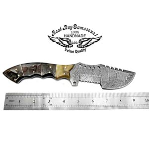 Handmade Damascus Steel Tracker Knife - 9.5" Inch Knifes real Ram horn Handel Knives - Bushcraft- EDC Survival Knife for Men-Tactical Tracker Knife- Fixed Blade Knife- Premium Quality Knife- Mens Gift