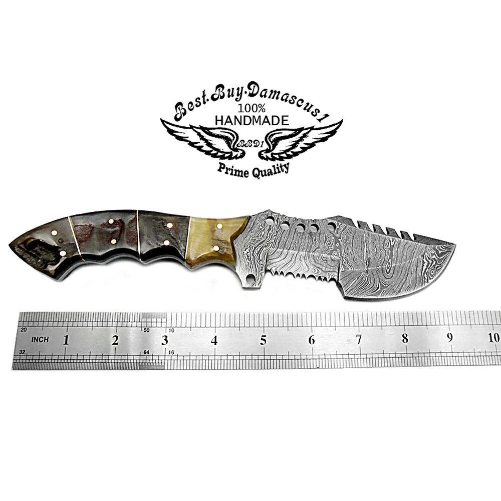 Handmade Damascus Steel Tracker Knife - 9.5" Inch Knifes real Ram horn Handel Knives - Bushcraft- EDC Survival Knife for Men-Tactical Tracker Knife- Fixed Blade Knife- Premium Quality Knife- Mens Gift