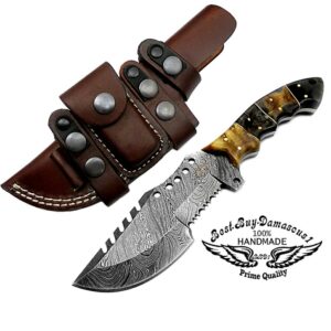 Handmade Damascus Steel Tracker Knife - 9.5" Inch Knifes real Ram horn Handel Knives - Bushcraft- EDC Survival Knife for Men-Tactical Tracker Knife- Fixed Blade Knife- Premium Quality Knife- Mens Gift