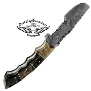 Handmade Damascus Steel Tracker Knife - 9.5" Inch Knifes real Ram horn Handel Knives - Bushcraft- EDC Survival Knife for Men-Tactical Tracker Knife- Fixed Blade Knife- Premium Quality Knife- Mens Gift