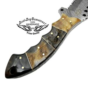 Handmade Damascus Steel Tracker Knife - 9.5" Inch Knifes real Ram horn Handel Knives - Bushcraft- EDC Survival Knife for Men-Tactical Tracker Knife- Fixed Blade Knife- Premium Quality Knife- Mens Gift