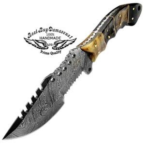 Handmade Damascus Steel Tracker Knife - 9.5" Inch Knifes real Ram horn Handel Knives - Bushcraft- EDC Survival Knife for Men-Tactical Tracker Knife- Fixed Blade Knife- Premium Quality Knife- Mens Gift