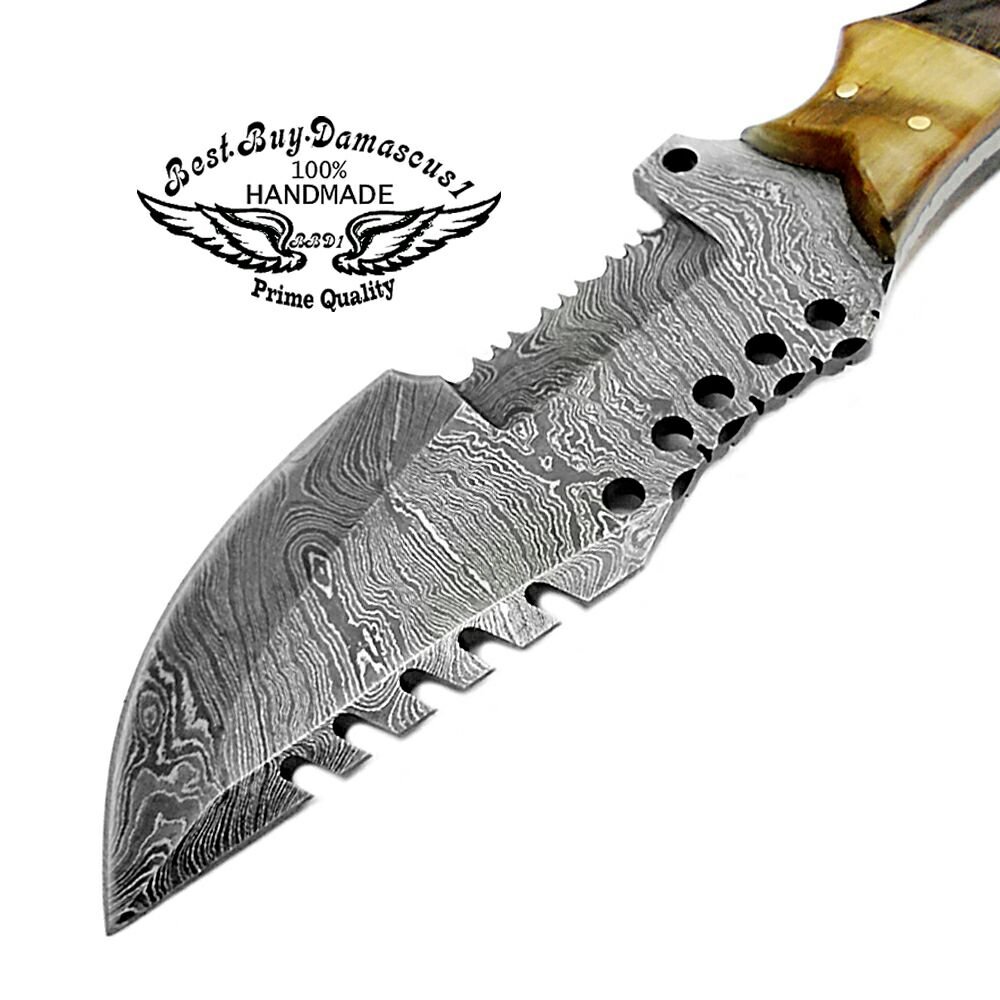 Handmade Damascus Steel Tracker Knife - 9.5" Inch Knifes real Ram horn Handel Knives - Bushcraft- EDC Survival Knife for Men-Tactical Tracker Knife- Fixed Blade Knife- Premium Quality Knife- Mens Gift