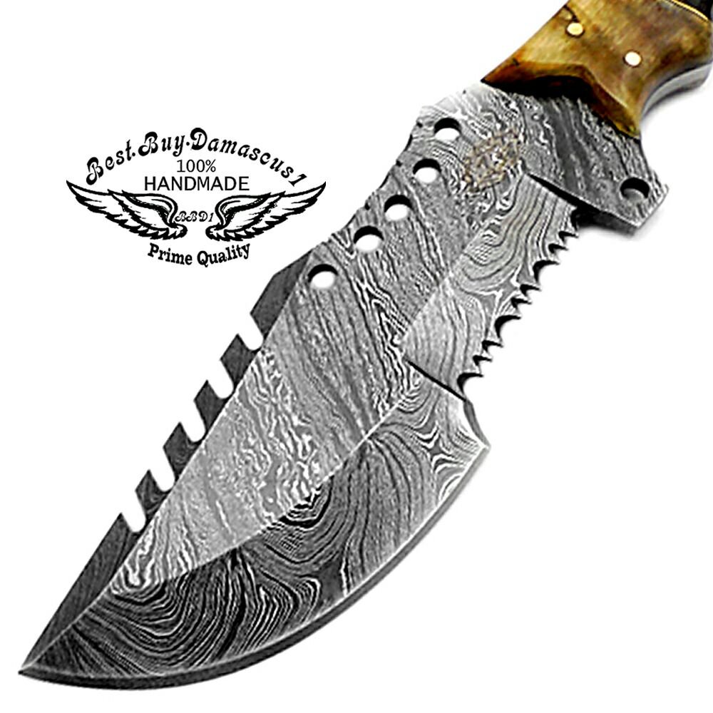 Handmade Damascus Steel Tracker Knife - 9.5" Inch Knifes real Ram horn Handel Knives - Bushcraft- EDC Survival Knife for Men-Tactical Tracker Knife- Fixed Blade Knife- Premium Quality Knife- Mens Gift