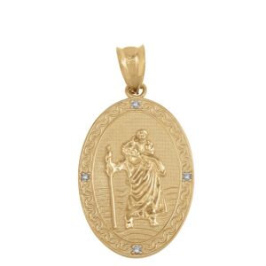 solid 14k gold saint christopher diamond oval medal catholic protection pendant (1")