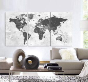 original by boxcolors large 30"x 60" 3 panels 30x20 ea art canvas print world map watercolor push pin gray wall decor home interior (included framed 1.5" depth)