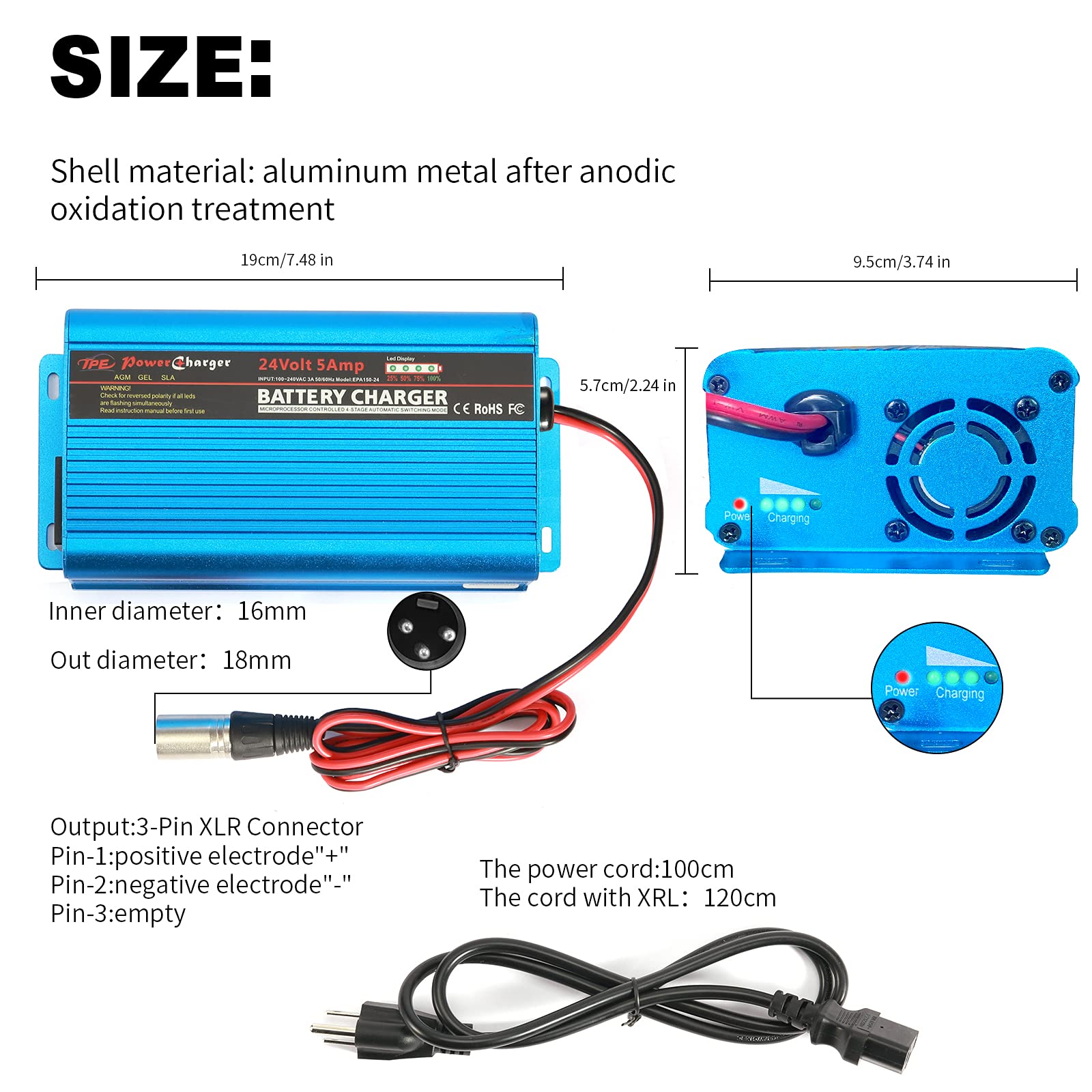 24V 5Amp Smart Automatic Battery Charger, Portable Battery Maintainer with XLR Connector for Car Boat Lawn Mower Marine Scooter Wheelchair Motorcycle eBike